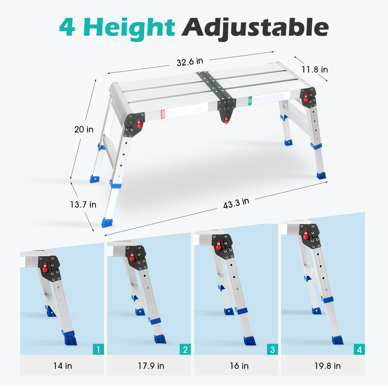 LEADALLWAY Adjustable Work Platform Step Stool 33in(L) x12in(W) x20in(H ...