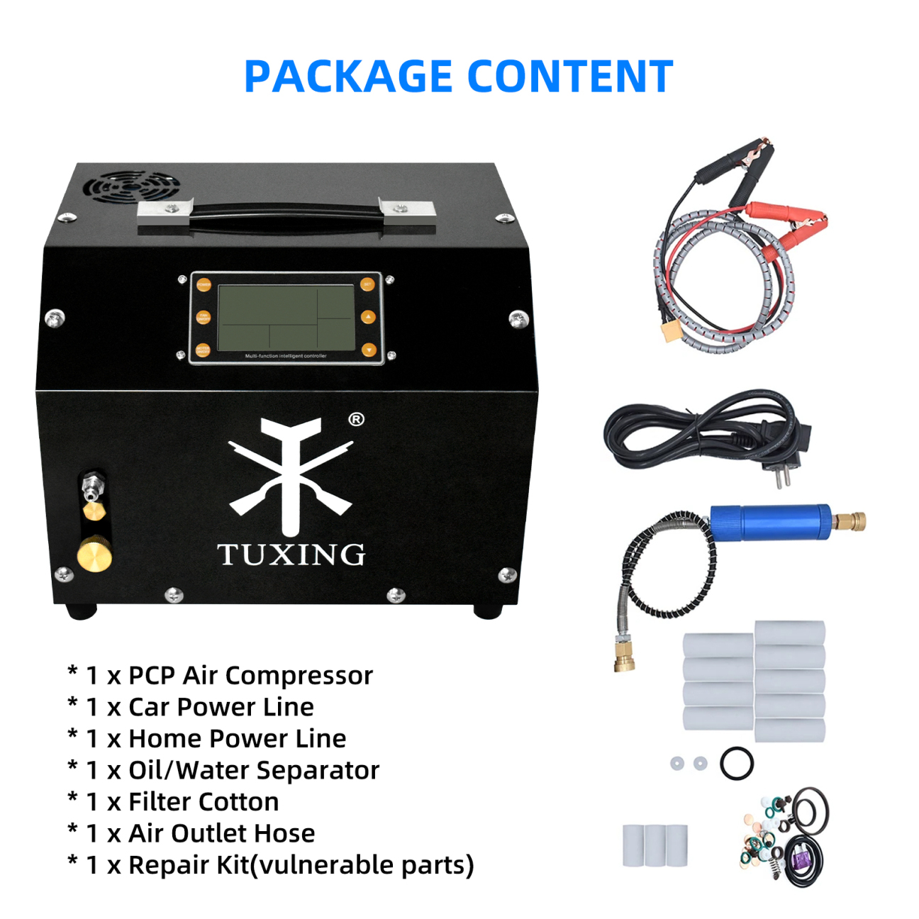 TUXING TXET063 PCP Air Compressor Auto Stop 12V 300Bar Digital Control