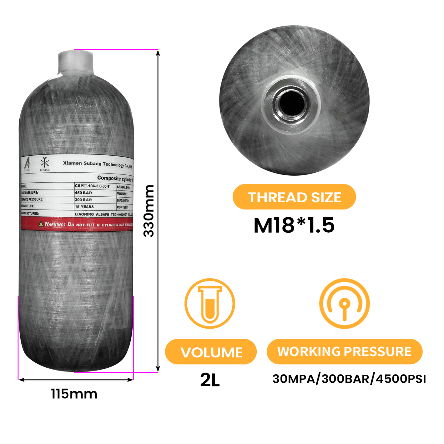 TUXING Carbon Fiber Gas Cylinder 2L 4500PSI 300Bar 30MPA PCP Air Tank