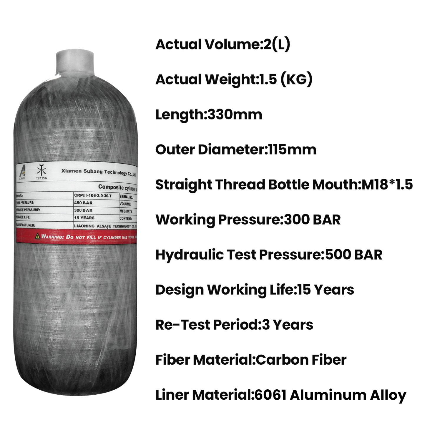 TUXING Carbon Fiber Gas Cylinder 2L 4500PSI 300Bar 30MPA PCP Air Tank