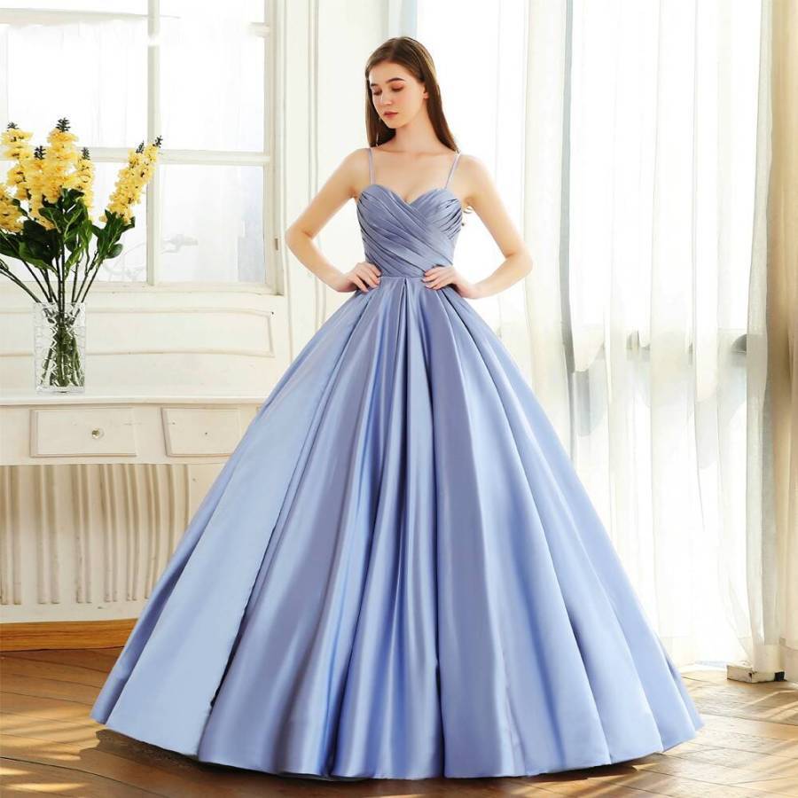 Blue Satin Ball Gown With Spaghetti Straps