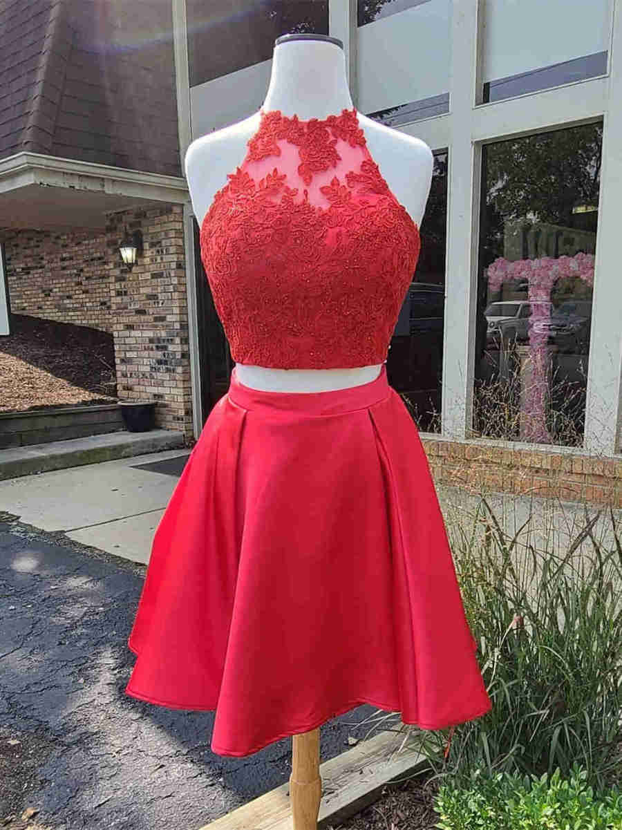 Two Piece Lace Appliqued Short Homecoming Dress