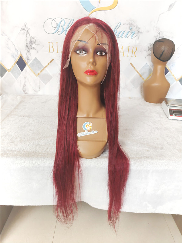 13x4 Full Frontal Transparent Lace Wigs Burgundy Color Straight Full ...