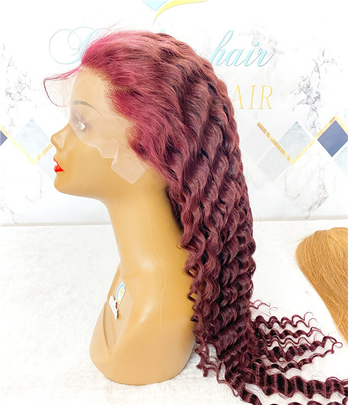 13x4 Full Frontal Transparent Lace Wigs Burgundy Color Deep Wave Full ...