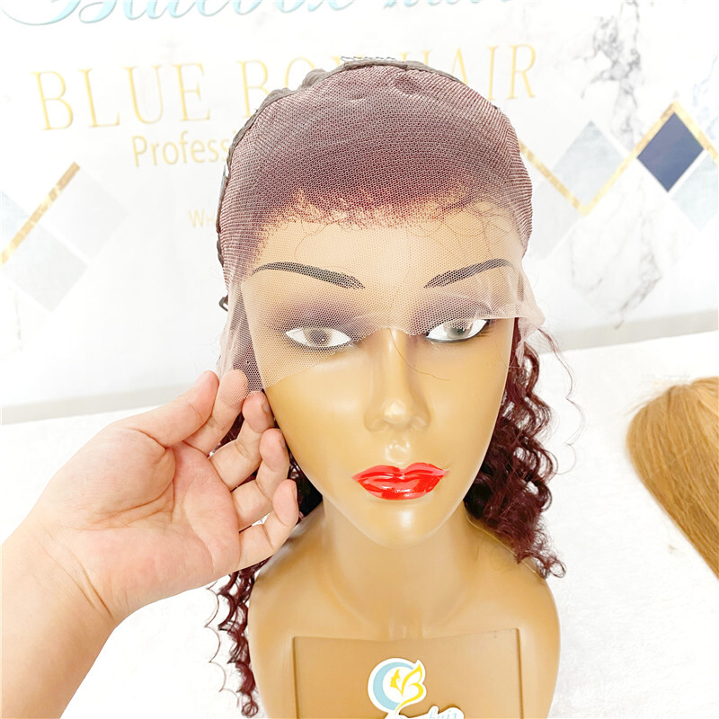 13x4 Full Frontal Transparent Lace Wigs Burgundy Color Deep Wave Full ...