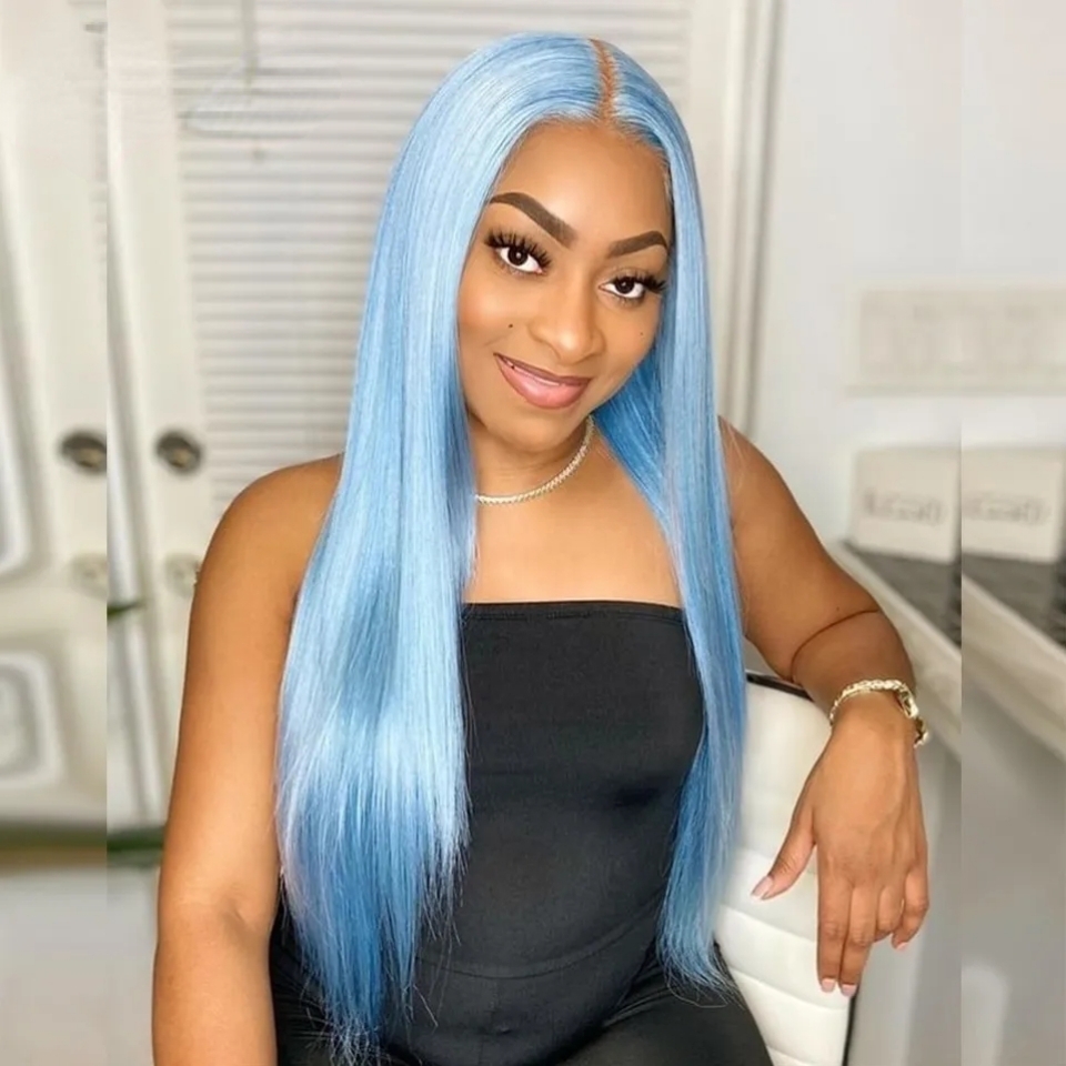 Baby Blue Straight Hair 13X4 Transparent Lace Front Wig Straight Hair ...