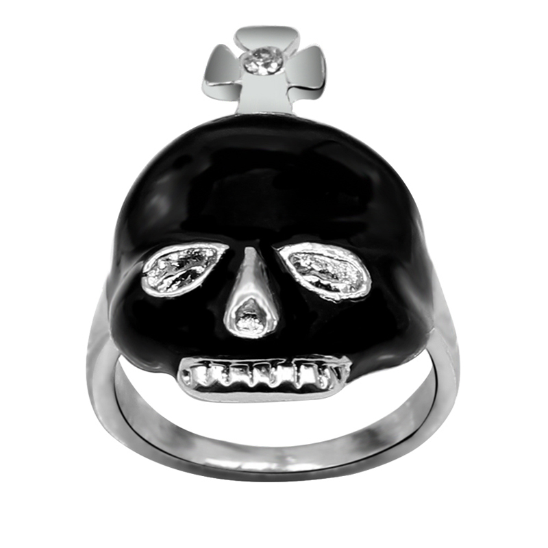 XIAOJINGLING Punk Rock Black Enamel Skull Head Saturn Finger Ring Size ...